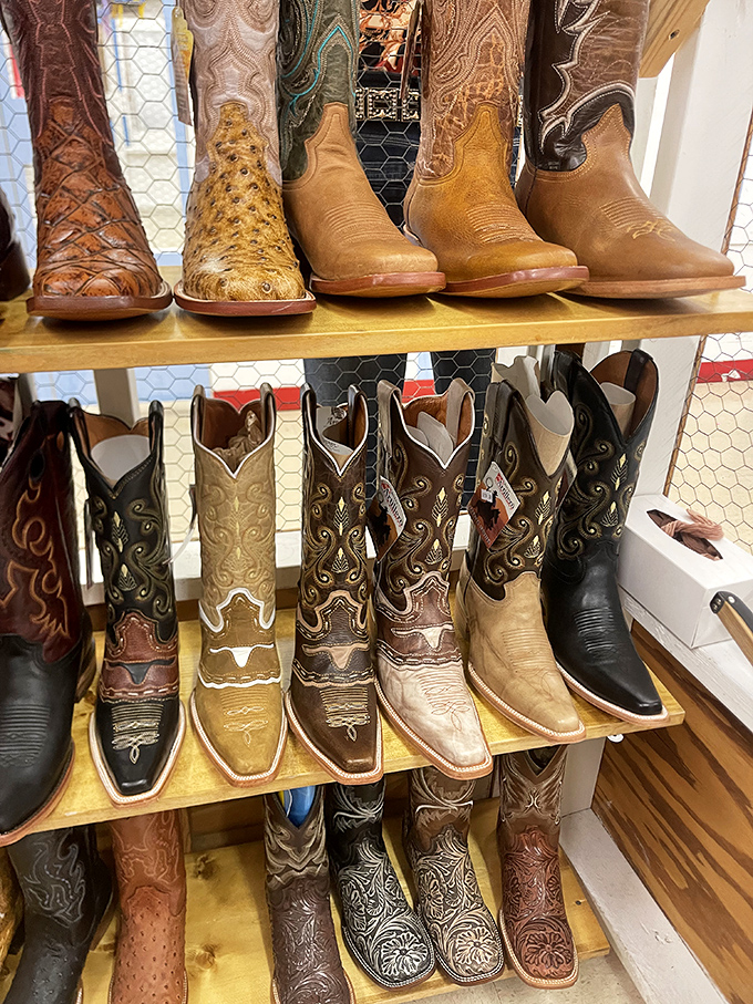 Boot boulevard, where Western dreams are made. These aren't just footwear&mdash;they're personality statements waiting for the right character to wear them.
