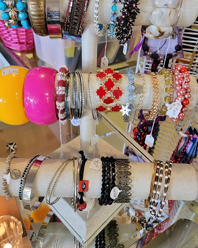 Jewelry displays sparkle with possibilities, from vintage statement pieces to everyday elegance at thrift prices.