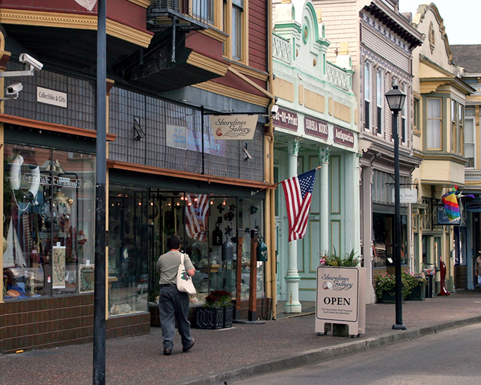 Old Town's sidewalks invite leisurely exploration with surprises around every corner. The American flag adds a Norman Rockwell touch to this quintessentially Californian scene.
