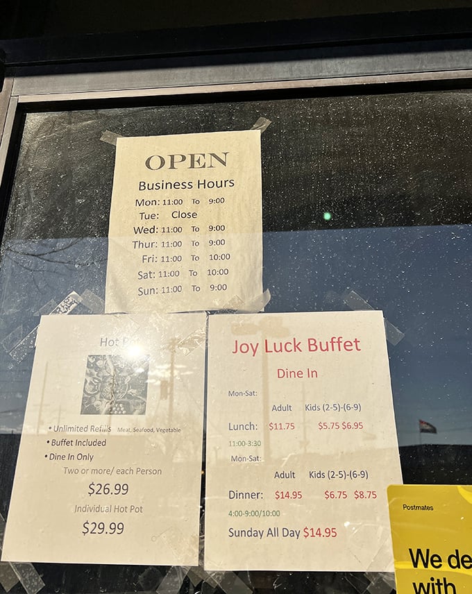 The hours posted on the door reveal the rhythm of buffet life &ndash; a Tuesday rest day and extended weekend hours for those serious about their all-you-can-eat missions.