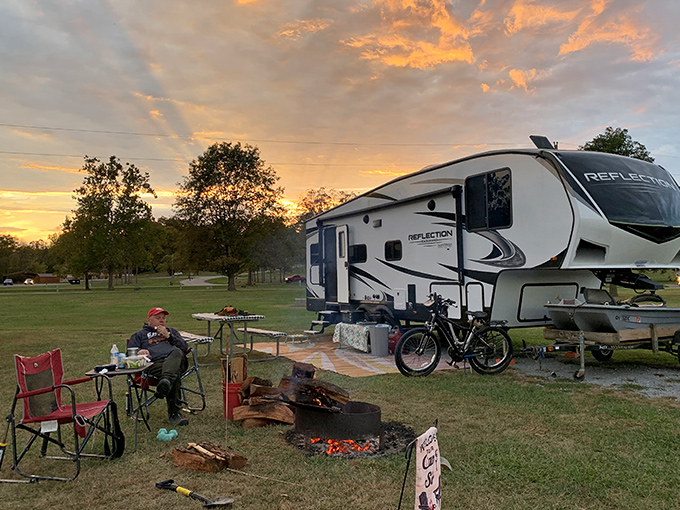 Sunset transforms an ordinary campsite into pure magic, proving that sometimes the best room service is delivered by Mother Nature.