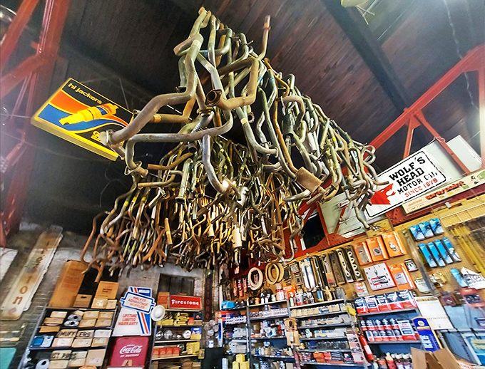 Look up to discover even the ceiling contributes to the authentic garage atmosphere and experience.