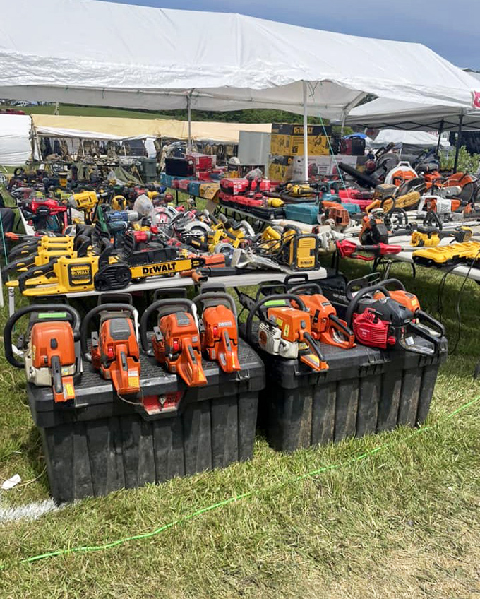 Chainsaw symphony in orange and yellow. For serious DIYers, this display is the equivalent of a candy store for lumberjacks.