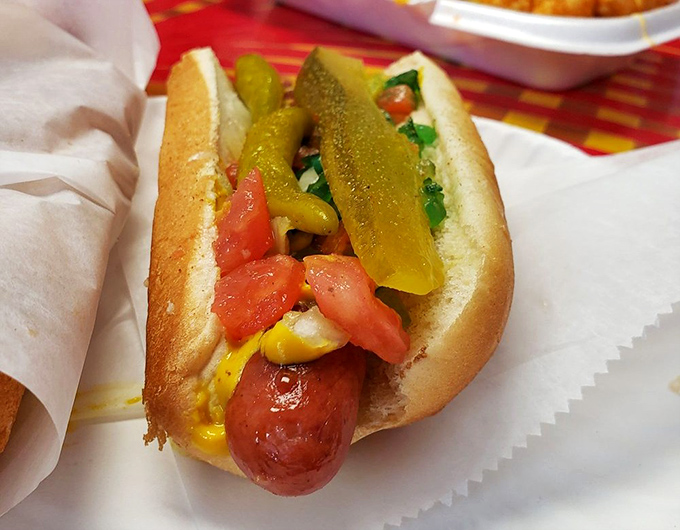 A Chicago-style dog with all the fixings &ndash; a colorful, architectural marvel that somehow manages to fit in your mouth.