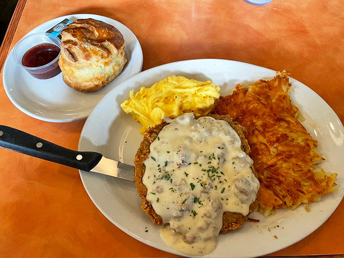 Chicken fried steak smothered in country gravy with eggs and hash browns. The breakfast equivalent of a bear hug from your favorite uncle.