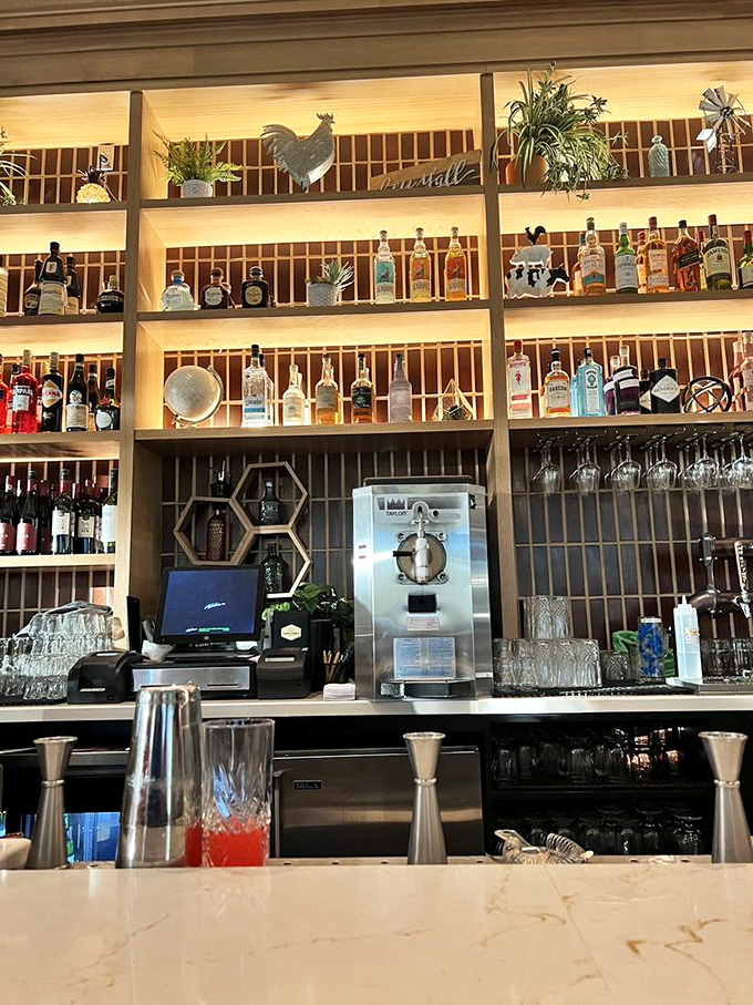 Behind the bar, bottles stand at attention like soldiers ready for duty. That metal contraption? It's about to transform ordinary water into something extraordinary.