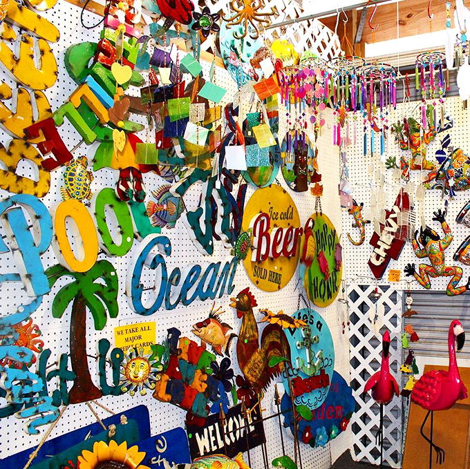 A riot of coastal colors and kitschy charm – where else can you find flamingos, palm trees, and "Cold Beer Sold Here" signs under one roof?