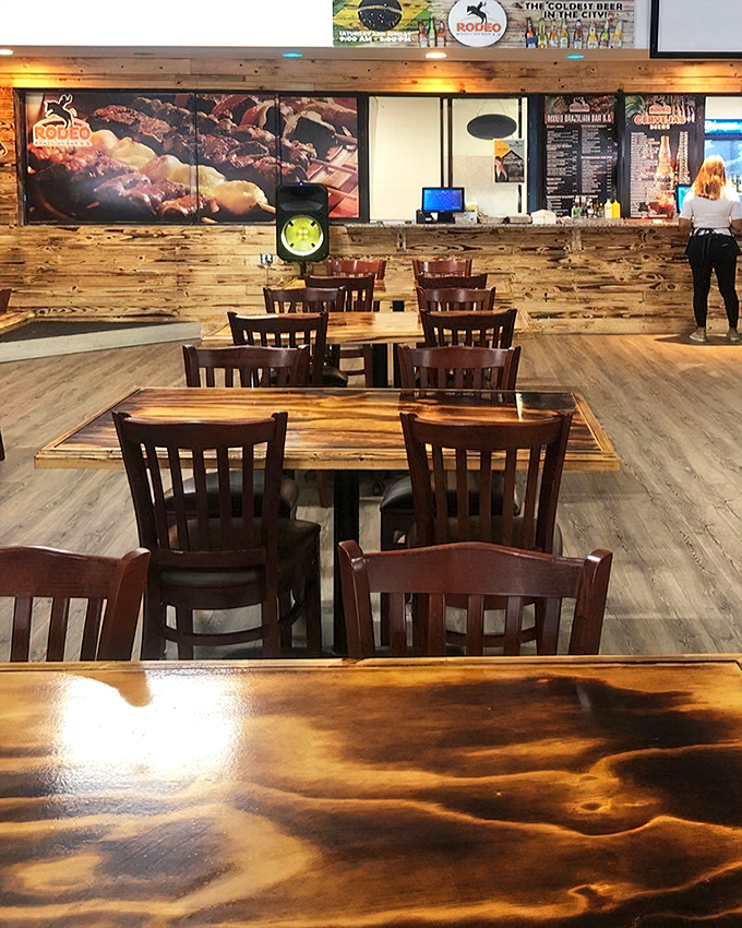Rustic wooden tables and chairs create a dining oasis amid shopping adventures&mdash;the perfect pit stop for refueling hungry treasure hunters.