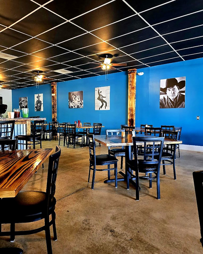 The dining room where memories are made between bites. Those wooden columns and blue walls create a backdrop for culinary adventures. 