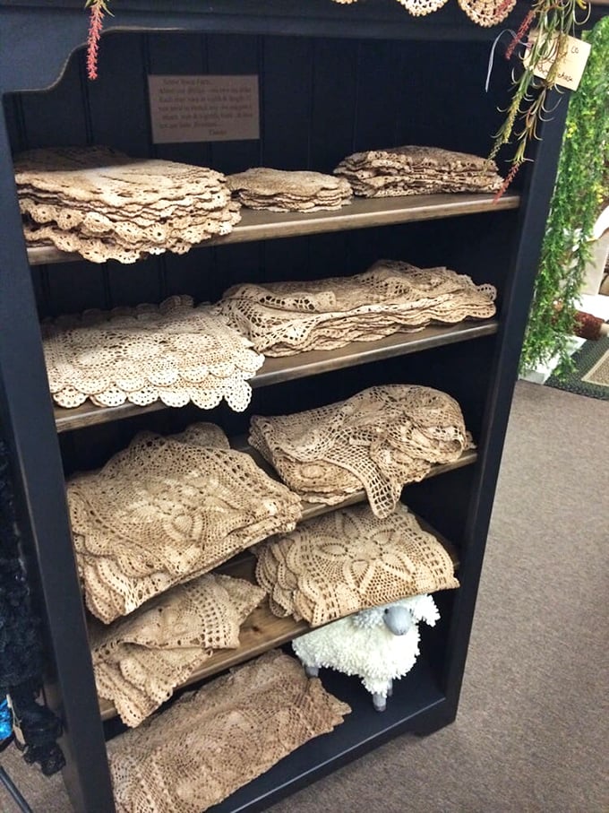 Delicate doilies and handcrafted linens that took someone's grandmother hours to create. Each intricate pattern tells a story of patience and skill.