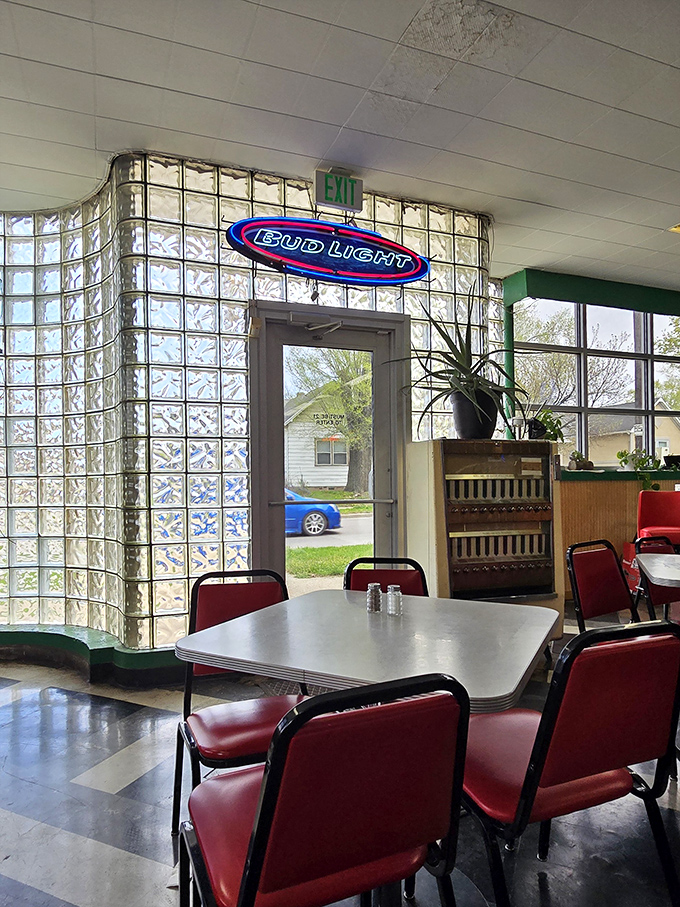 The glass block entrance: part time machine, part architectural statement. Walking through feels like entering a delicious parallel universe.