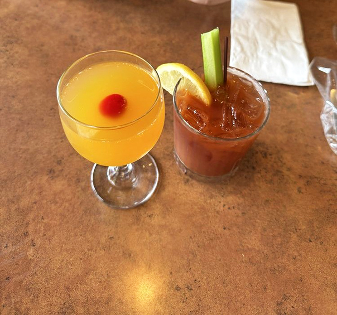 Morning cocktails that prove breakfast can be both virtuous and slightly naughty – a mimosa and Bloody Mary standing by for weekend duty.
