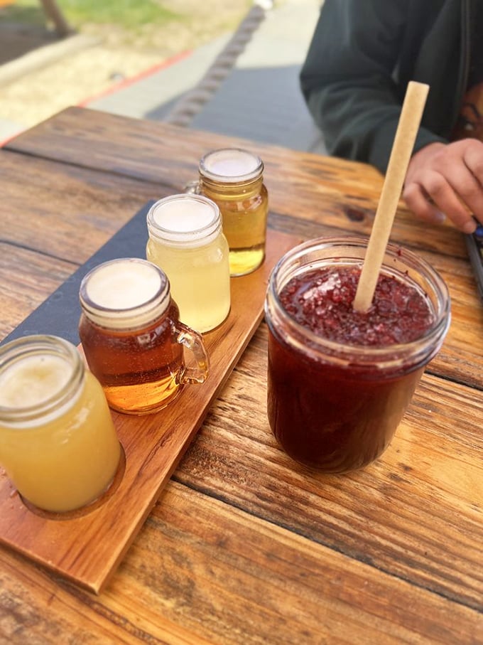 A flight of local brews served in mason jars&mdash;because what pairs better with seafood than cold beer in unpretentious glassware? California casual at its finest.