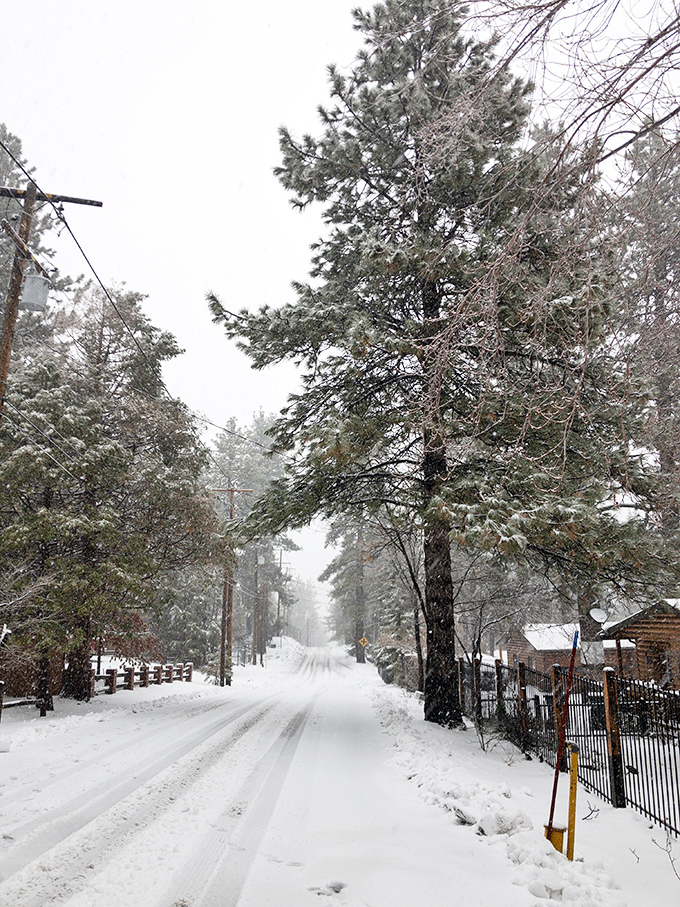 Winter transforms Wrightwood's streets into powdery pathways where footprints tell stories of adventures through a snow globe village.