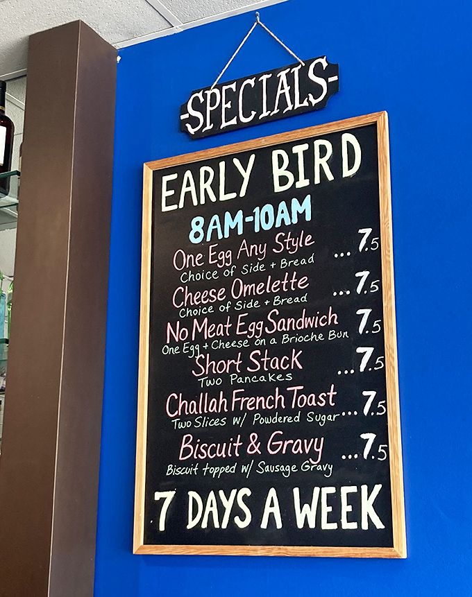 Early bird specials that make waking up worthwhile. Seven-fifty for challah French toast? That's cheaper than therapy and just as effective.