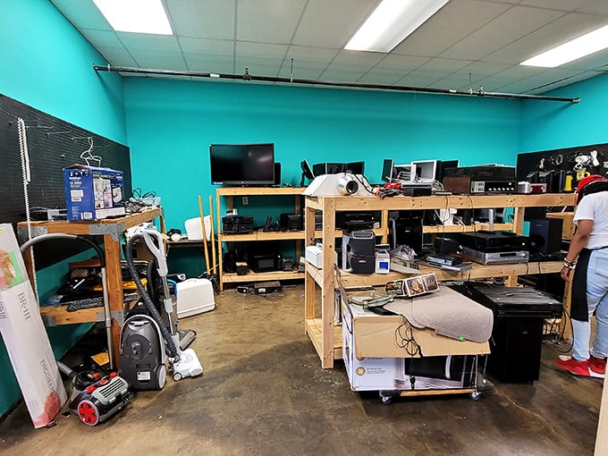 Electronics galore in a sea of turquoise. Yesterday's technology at prices that make taking a chance completely worth the risk.