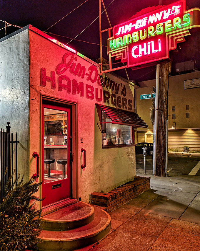 Night transforms Jim Denny's into a neon-lit temple of temptation. That glow isn't just electricity&mdash;it's the aura of decades of delicious memories.