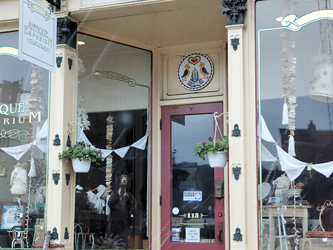 The entrance promises treasures within, its vintage charm and Pennsylvania Dutch-inspired folk art welcoming hunters and browsers alike.