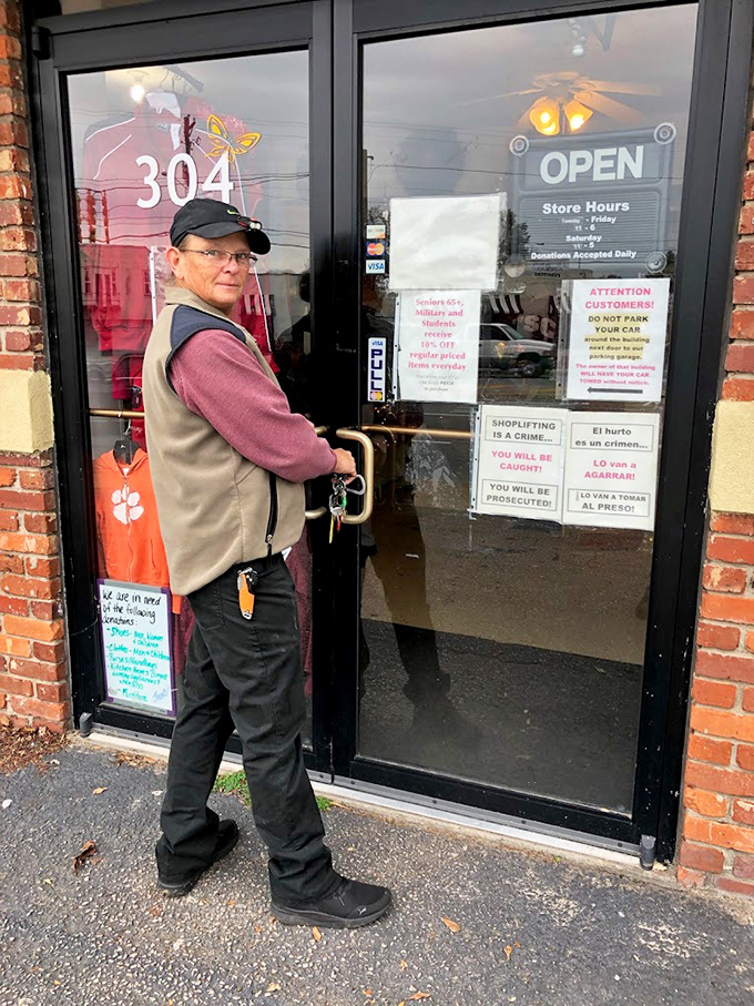 The moment of entry &ndash; where thrifting adventures begin! Every push of this door leads to discoveries that big-box stores simply can't provide