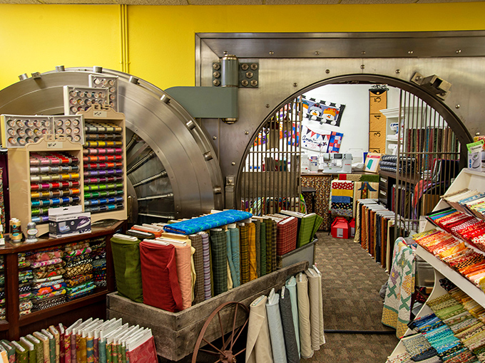 Fabric Shop in a Bank Vault: Thread security at its finest! This former bank vault now protects the quilting dreams of crafters with more patterns than you can shake a bobbin at.