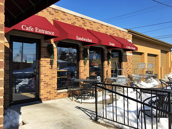 Winter can't stop Wisconsin's cheese pilgrims&mdash;those red awnings serve as beacons of hope in a snow-covered landscape.