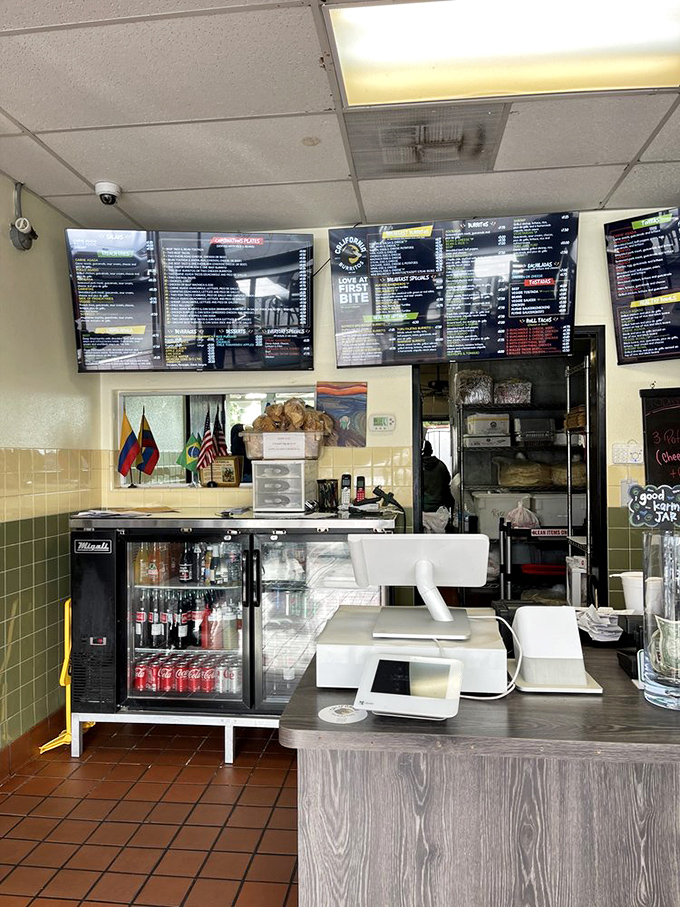 Command central for burrito operations. The digital menu boards and refrigerated case hint at the treasures that await your taste buds.