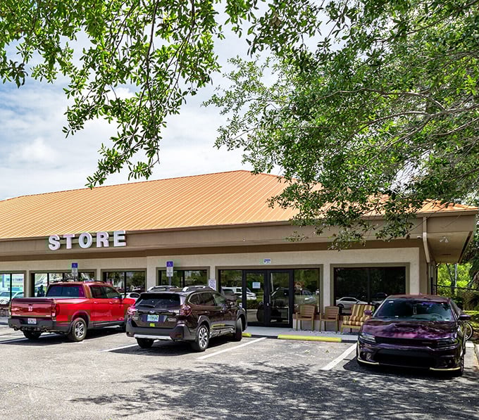 The welcoming storefront under Florida's signature blue skies invites both seasoned thrifters and curious newcomers to discover what awaits inside.