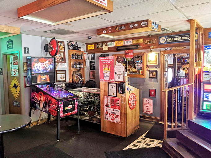 Even the game area screams "neighborhood joint." Where else can you play pinball while waiting for a burger that requires its own ZIP code?