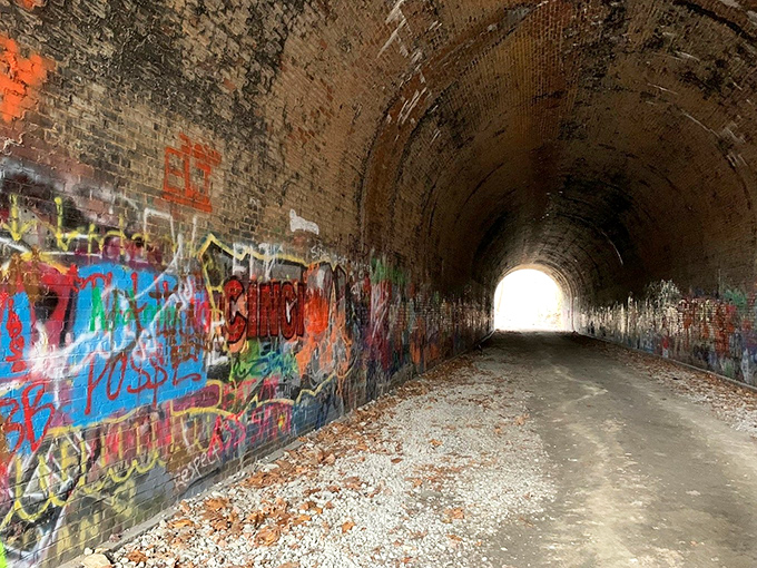Colorful graffiti lines the tunnel's interior, each spray-painted message a modern conversation with the past in this abandoned passage.