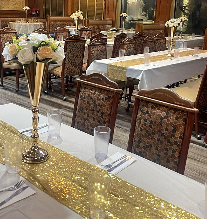 Elegant table settings with golden accents reveal the Club House Diner's dual personality &ndash; casual enough for breakfast, refined enough for special occasions.