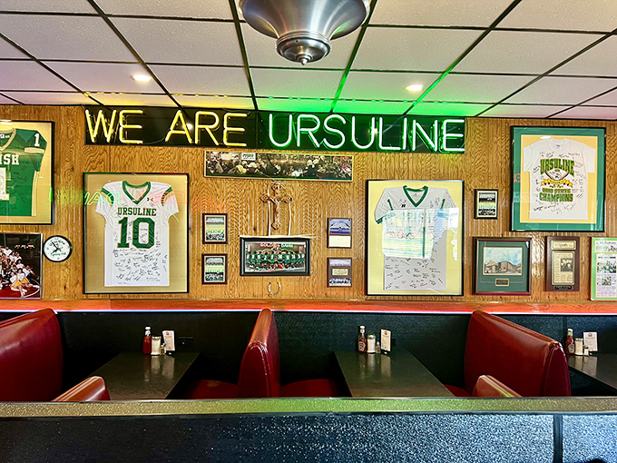 Local pride on display with Ursuline memorabilia&mdash;where hometown sports heroes are celebrated alongside Italian-American classics.