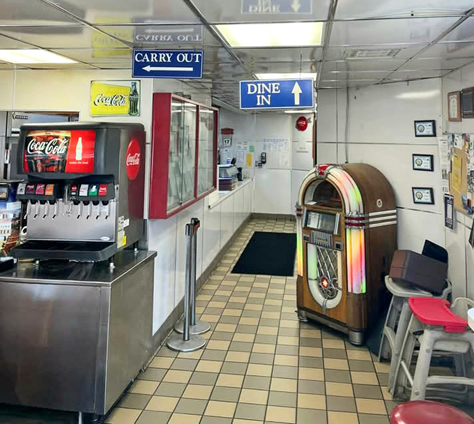 Even the signage carries a nostalgic weight, guiding hungry patrons to decide between "carry out" and "dine in"&mdash;life's important choices.