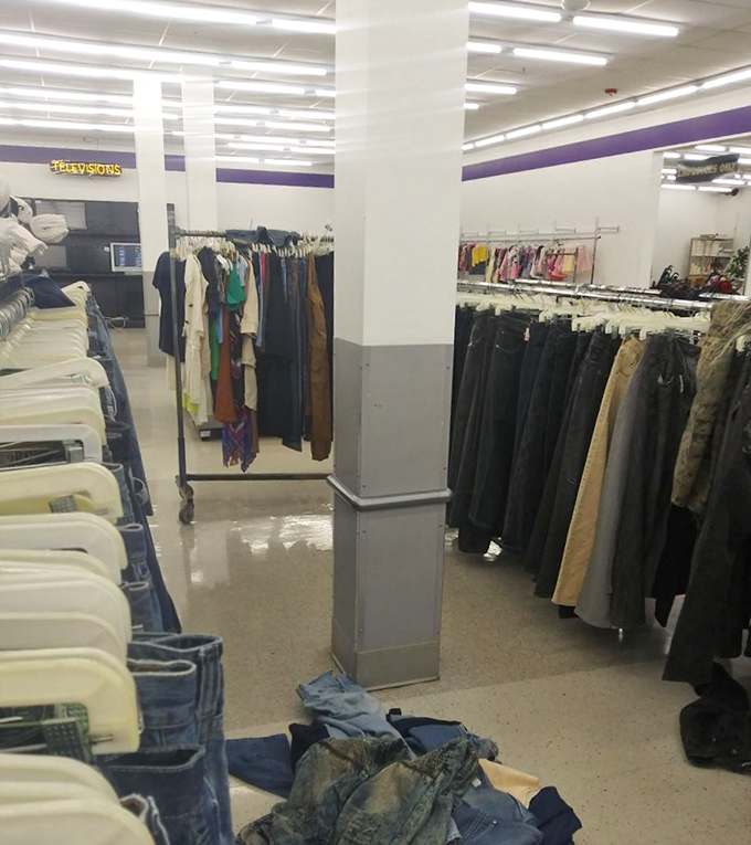 The denim section &ndash; where jeans of all eras congregate. From dad jeans to skinny cuts, the evolution of American fashion hangs in the balance. 