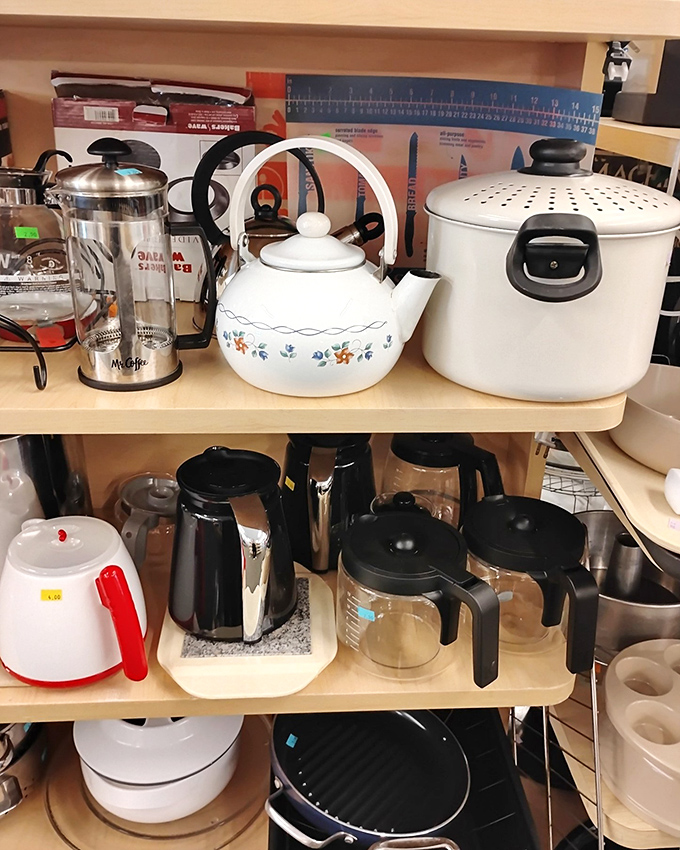 Tea kettles and coffee makers stand at attention, ready to serve in new homes where morning rituals await their arrival.