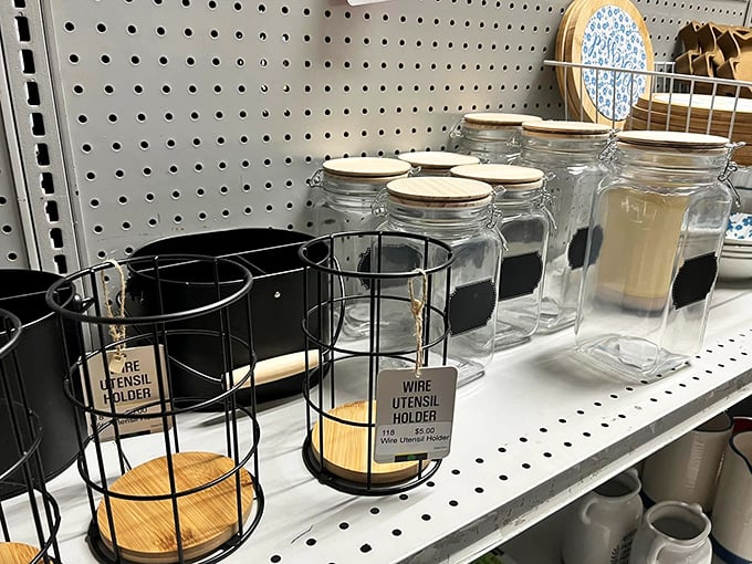 Modern farmhouse style before it was trendy. These wire baskets and mason jars were practical before they were Pinterest, ready to organize your kitchen chaos.