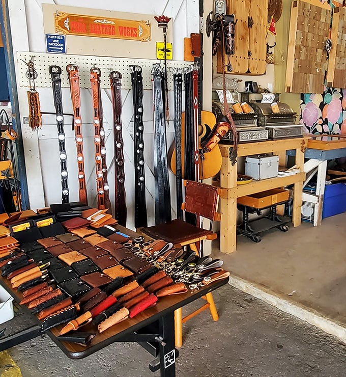 Leather craftsmanship on display with belts and accessories that would make any cowboy tip his hat in appreciation. Texas style meets practical durability.