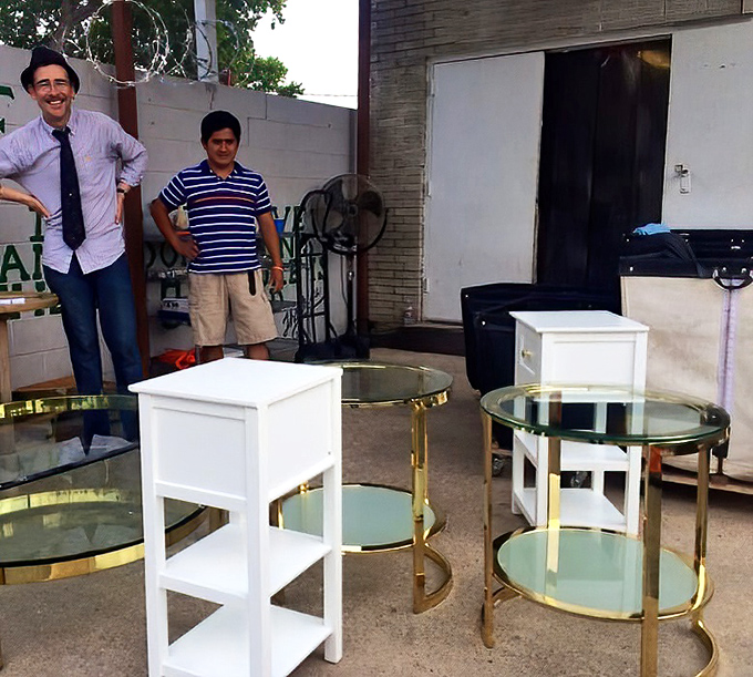 Gold and glass tables that would make Don Draper nod in approval. Mid-century modern meets contemporary cool in this outdoor display.