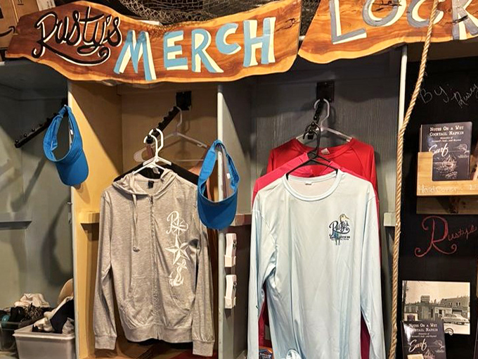 Even the merchandise corner has that authentic coastal charm. Wear your Rusty's gear with pride &ndash; you've found the real Florida.