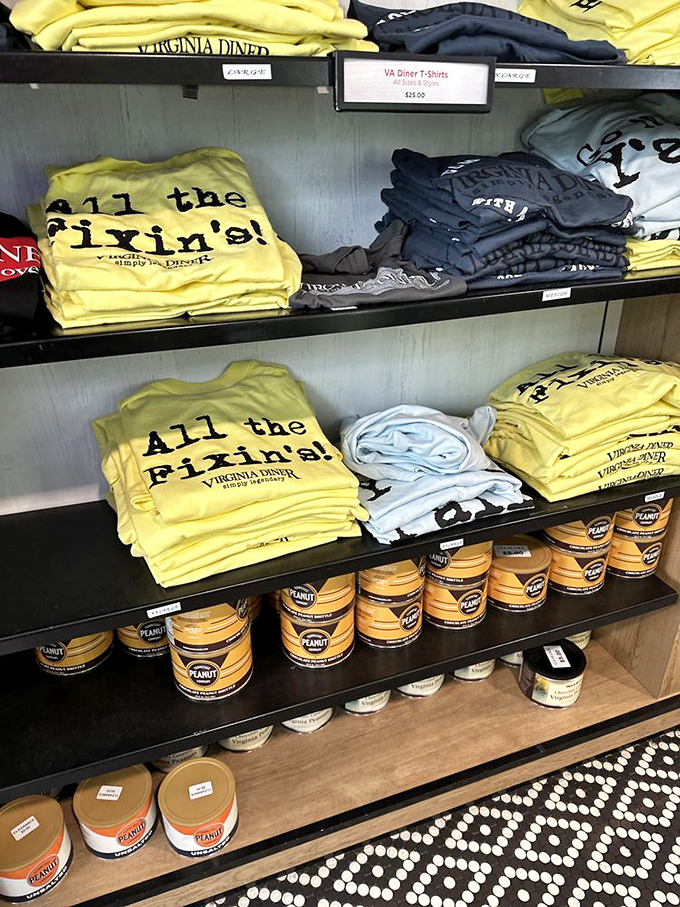 All the Fixin's! T-shirts and peanut tins line the shelves. Because the best souvenirs are the ones that let you taste the memory later.