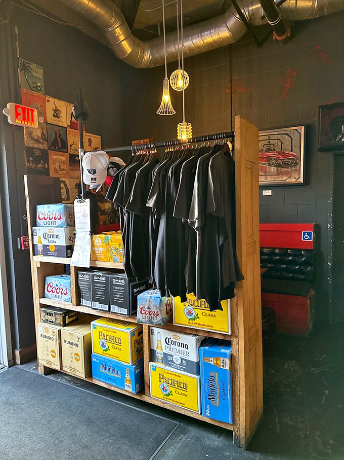 Even the merch corner tells a story: "I came for the lobster, stayed for the beer, and left with a t-shirt to prove it."