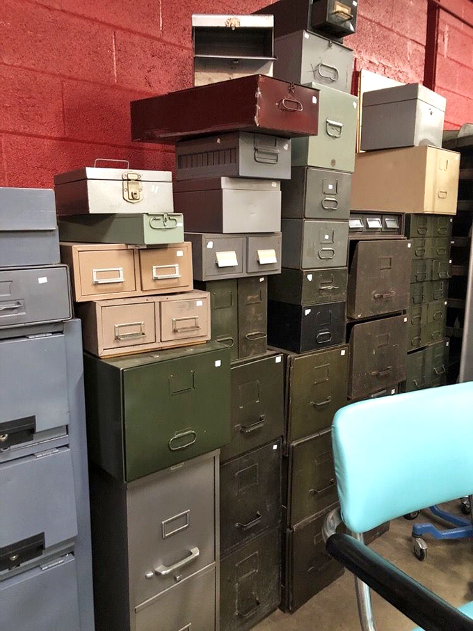 A tower of industrial filing cabinets that once organized America's analog world, now waiting to store your vinyl collection or hide Christmas presents.