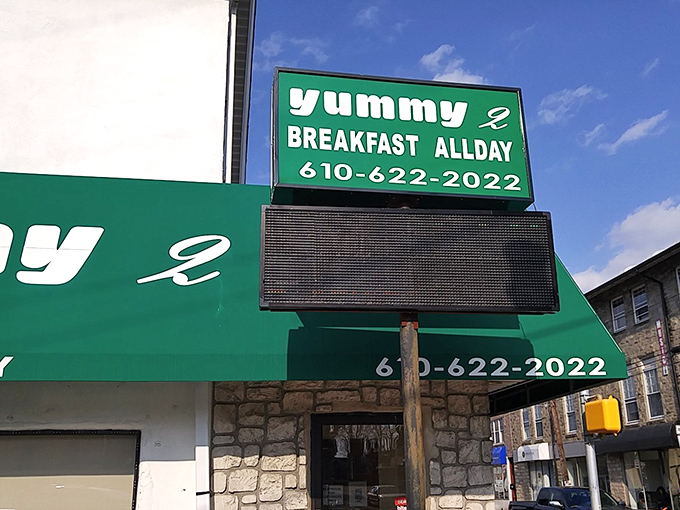 The sign says it all – "BREAKFAST ALLDAY" isn't just words, it's a philosophy. Morning meals know no time constraints at this Delaware County gem.