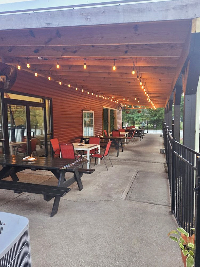 Outdoor dining under string lights&mdash;because barbecue tastes 20% better with a gentle breeze. Nature's dining room with a side of Ohio charm.