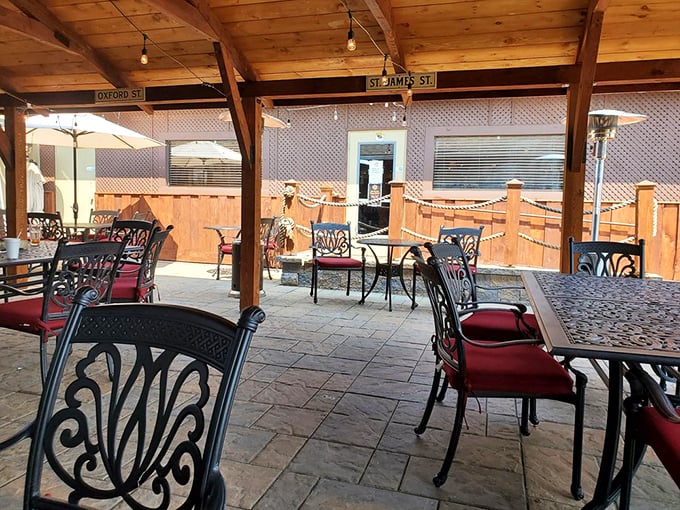 Outdoor dining under wooden beams offers fresh air with your fresh catch&mdash;the perfect setting for pretending you're at a seaside caf&eacute;.