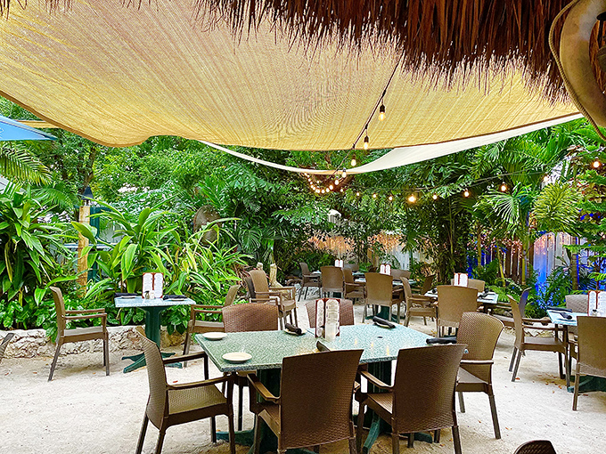 Outdoor dining under a canopy of palms and string lights. Mother Nature provides the perfect ambiance for seafood feasting in this tropical paradise.
