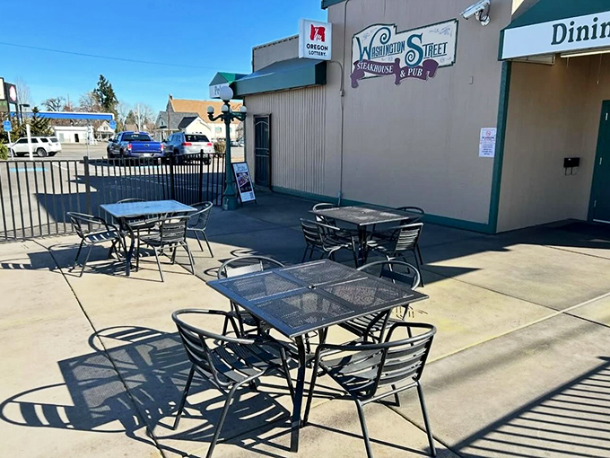 Outdoor seating for those rare perfect Oregon days. Simple metal tables where the fresh air somehow makes everything taste even better.