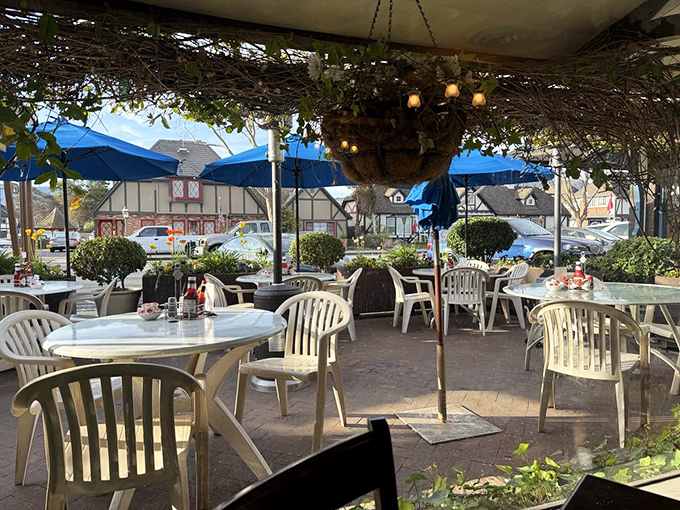 Outdoor dining that captures Solvang's charm. These tables have hosted everything from first dates to family reunions, all fueled by pancakes.