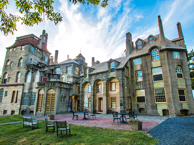 The castle's exterior patio offers a moment of calm after the sensory symphony inside&mdash;though those concrete walls still whisper artistic secrets.
