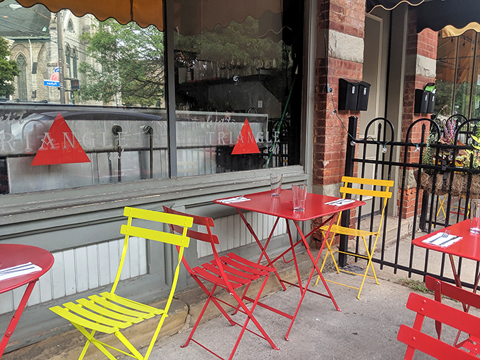 Colorful outdoor seating brings Parisian sidewalk cafe culture to Cleveland&mdash;red and yellow chairs practically shouting "Bonjour!" to passersby.