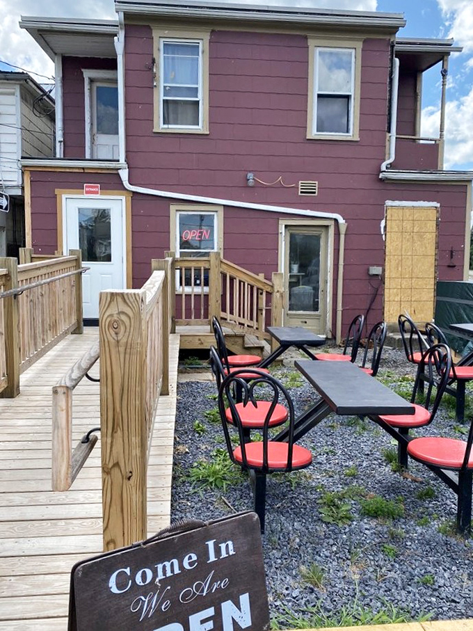 Outdoor seating where the Pennsylvania air somehow makes everything taste better. The "Come In" sign is merely a formality.